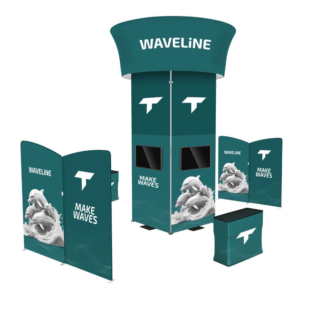 20 x 20 WaveLine Media Tower Island Trade Show Booth — Total Trade Show
