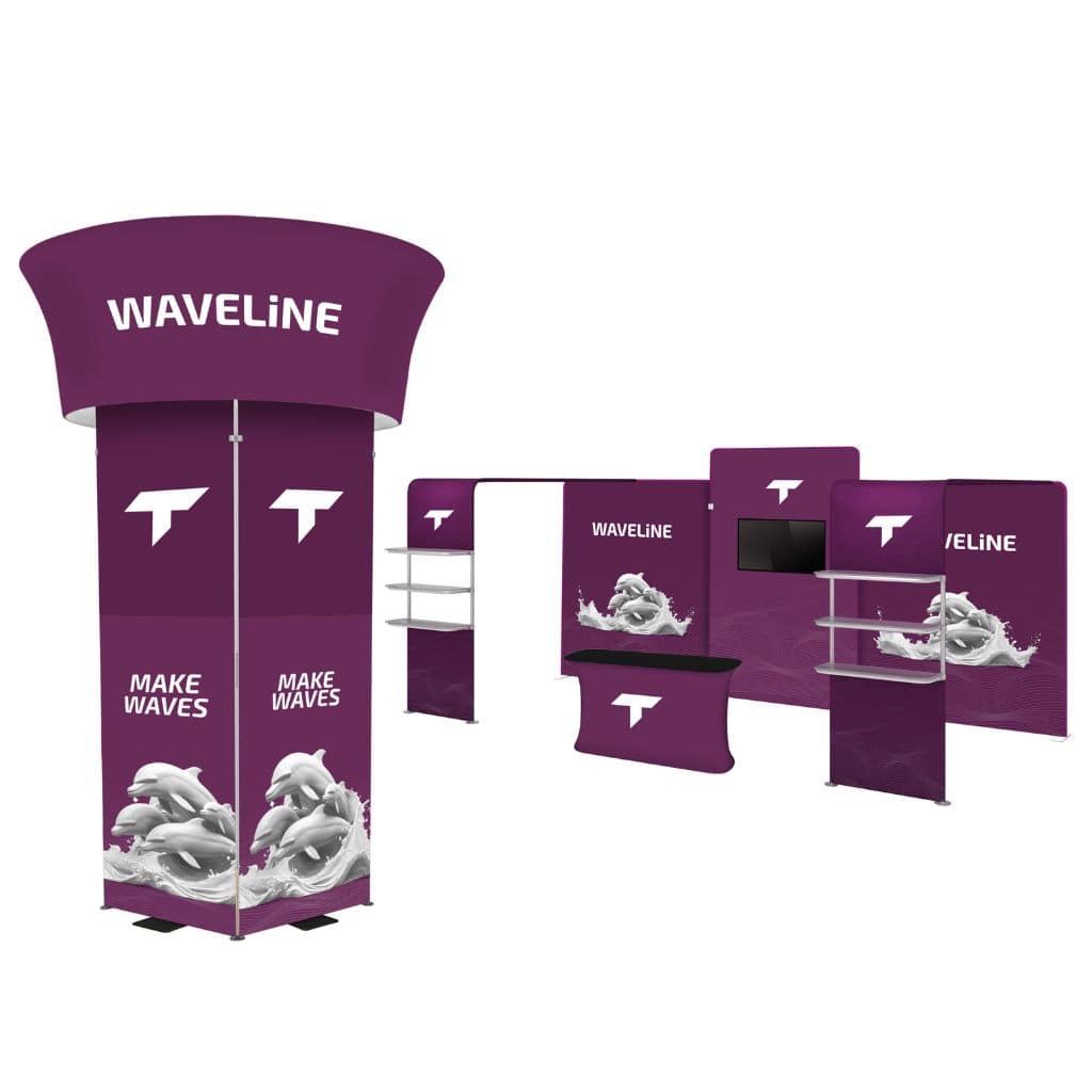 20 x 20 WaveLine Media Waterfall Tower Trade Show Booth — Total Trade Show